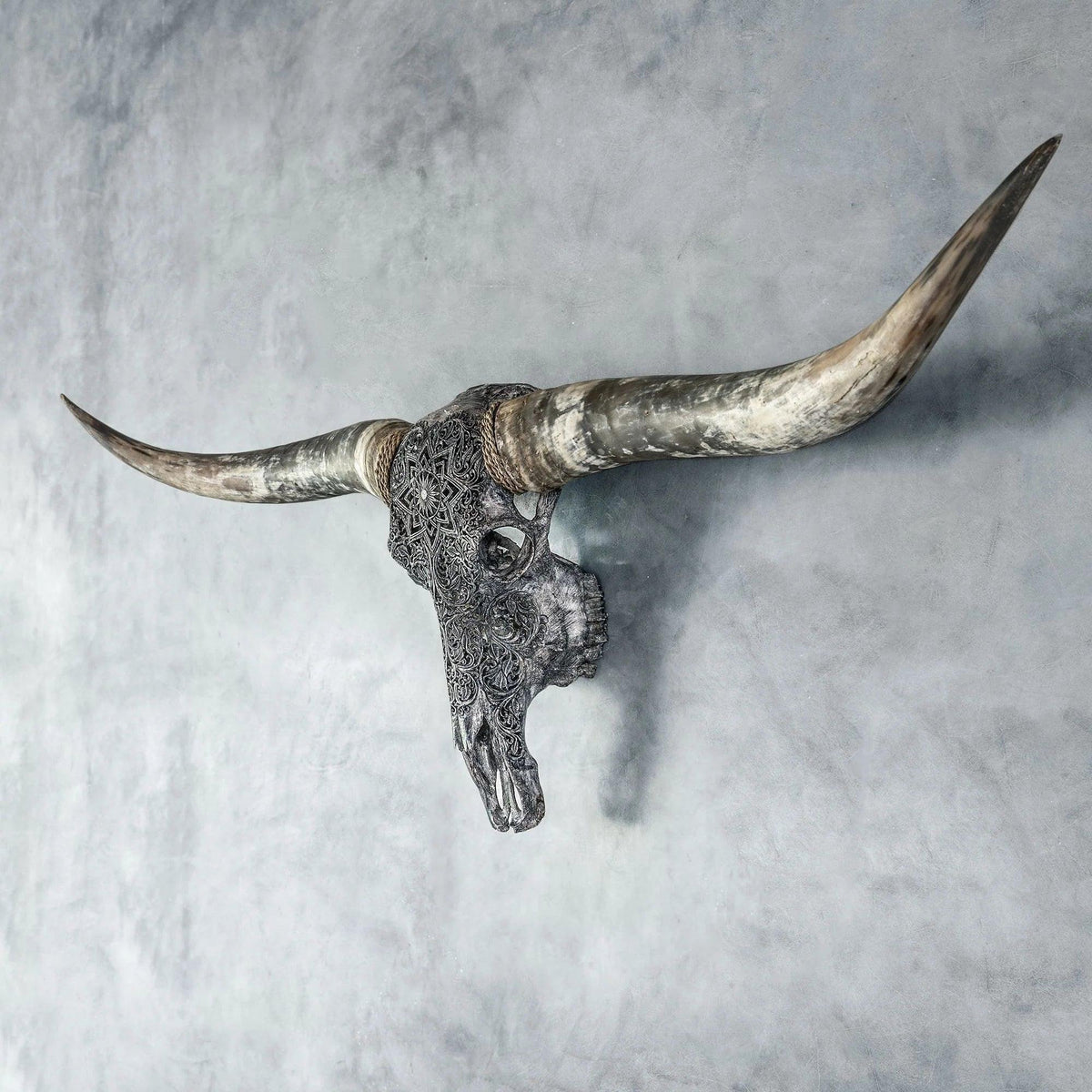 Grey Mandala Carved Longhorn Skull | Your Western Decor