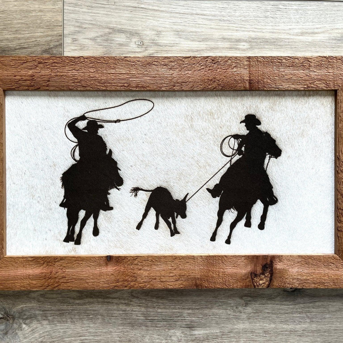 Laser Engraved Cowhide Art - Team Roping | Your Western Decor