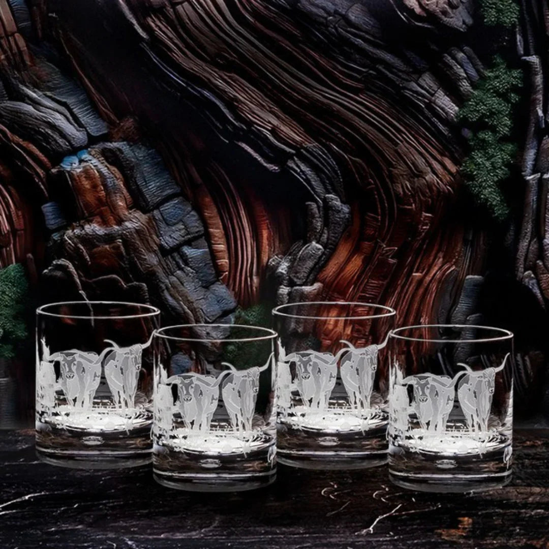 Longhorn Stampede Sand Carved Rocks Glasses | Your Western Decor