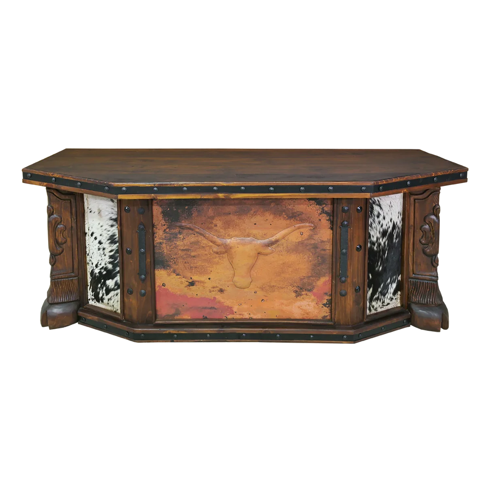 Carved Copper Panel & Cowhide Desk | Your Western Decor