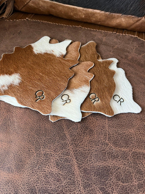 Custom Laser Branded Cowhide Coasters | Your Western Decor