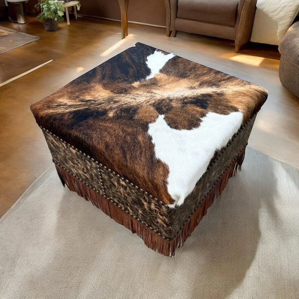 Buckeye Fringed Leather Ottoman | Your Western Decor