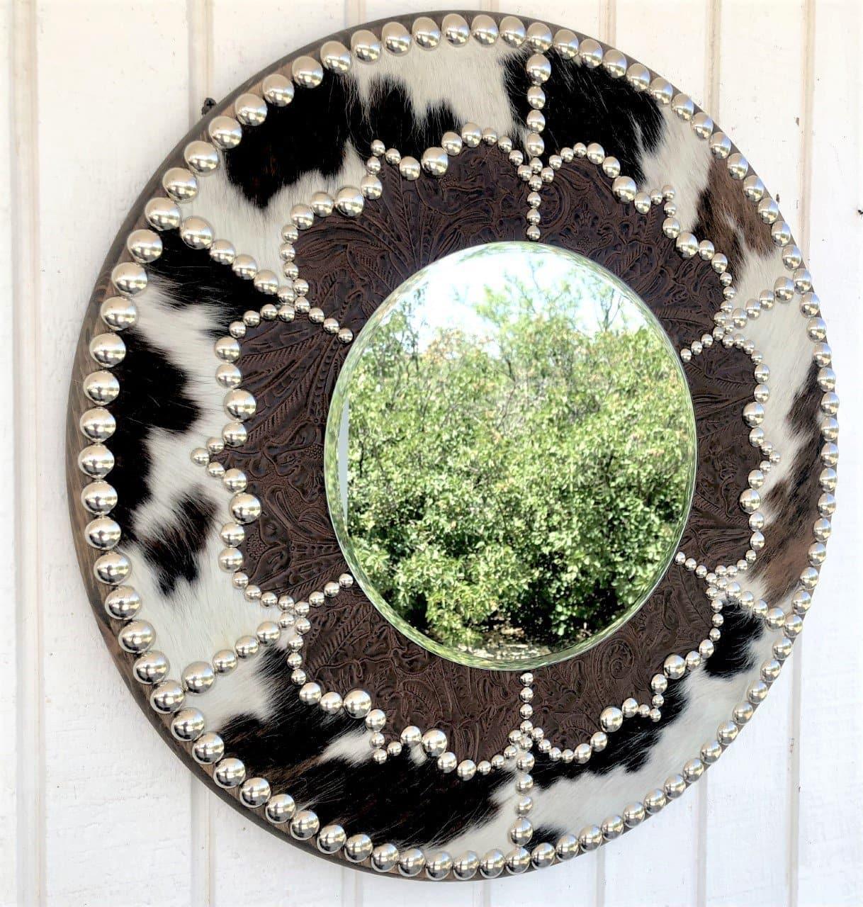 Round Western Wall Mirror w/Cowhide | Your Western Decor